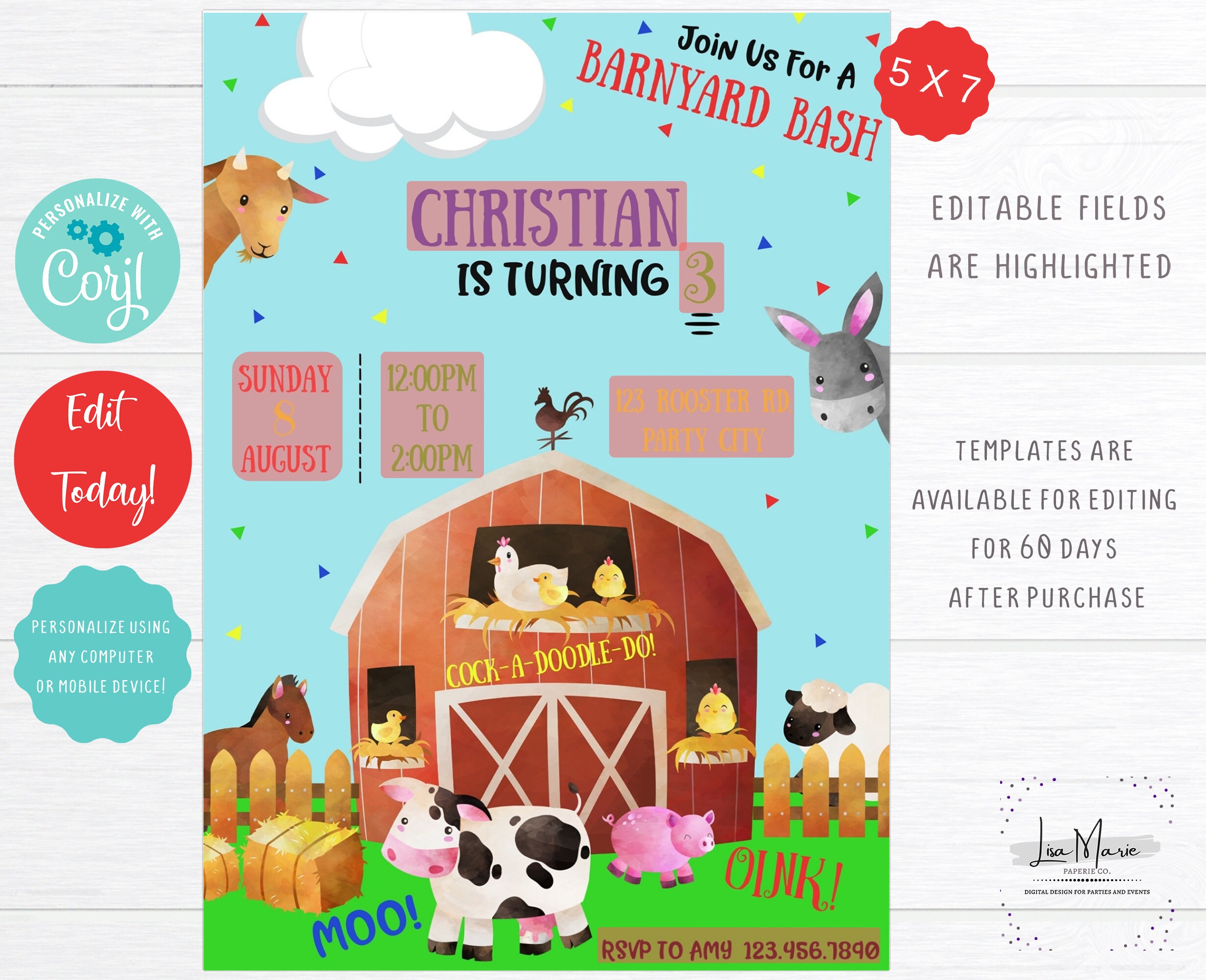 Farm Animal Invitation, Editable Farm Invite, Farm Birthday Invitation ...