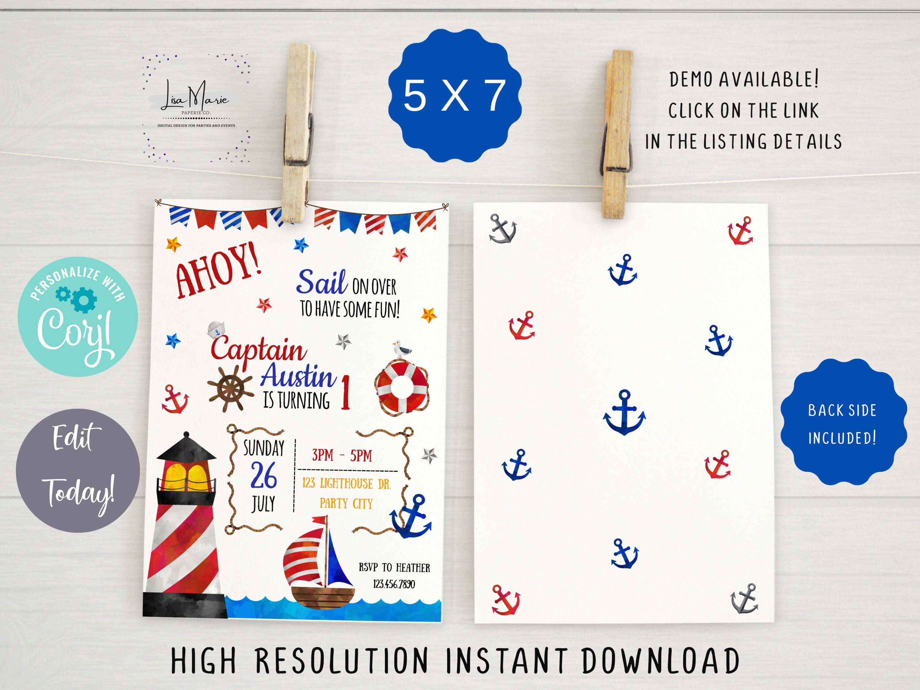 Nautical Birthday Invitation, Nautical Birthday Invite, First Birthday ...