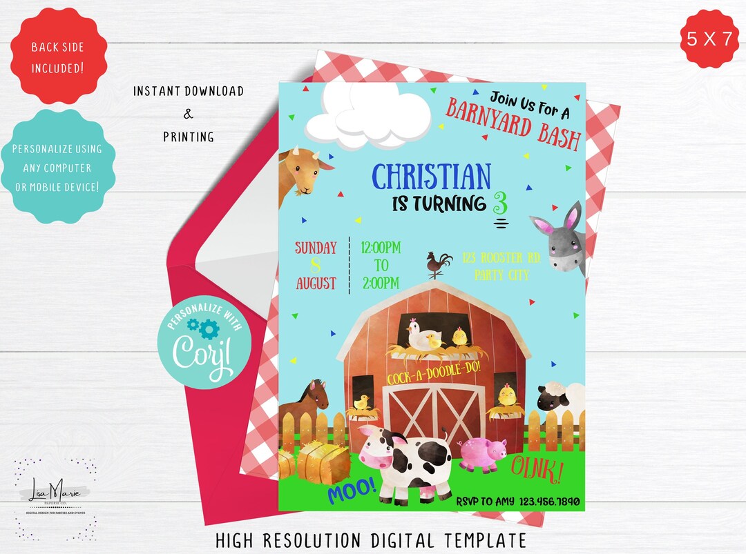 Farm Animal Invitation, Editable Farm Invite, Farm Birthday Invitation ...
