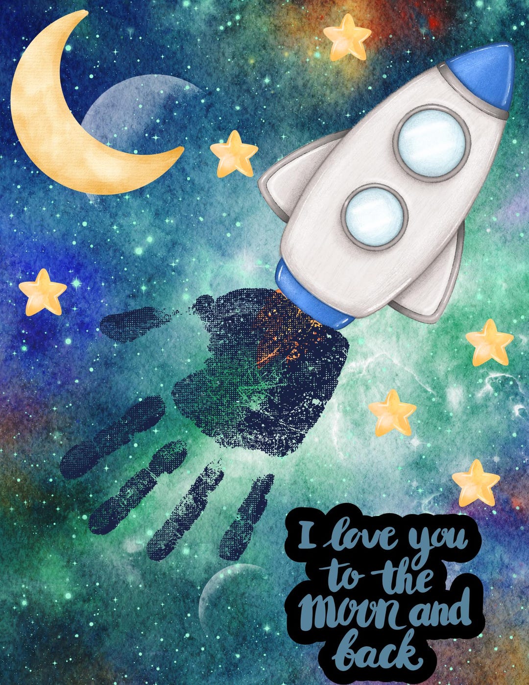 Space Handprint Craft, Rocket Ship With Moon and Stars, I Love You to ...