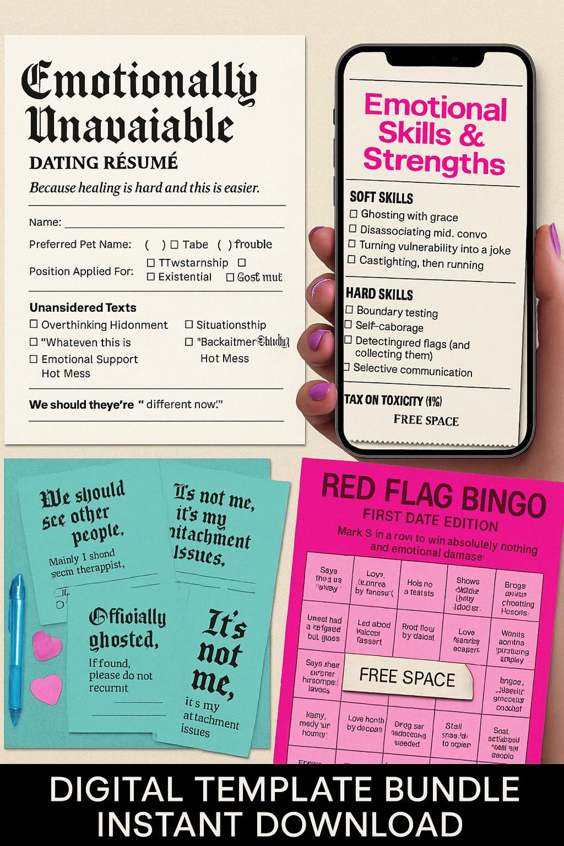 Funny Dating Resume Template Bundle: Breakup Cards, Red Flag Bingo ...