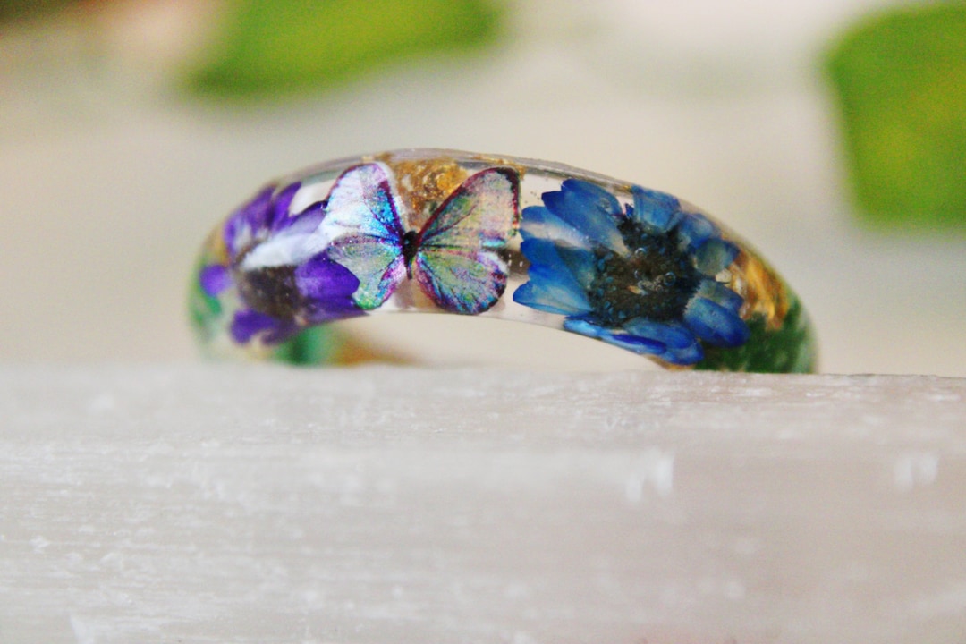 Purple Butterfly Resin Flower Ring Pressed Flower Art , Handmade Ring ...