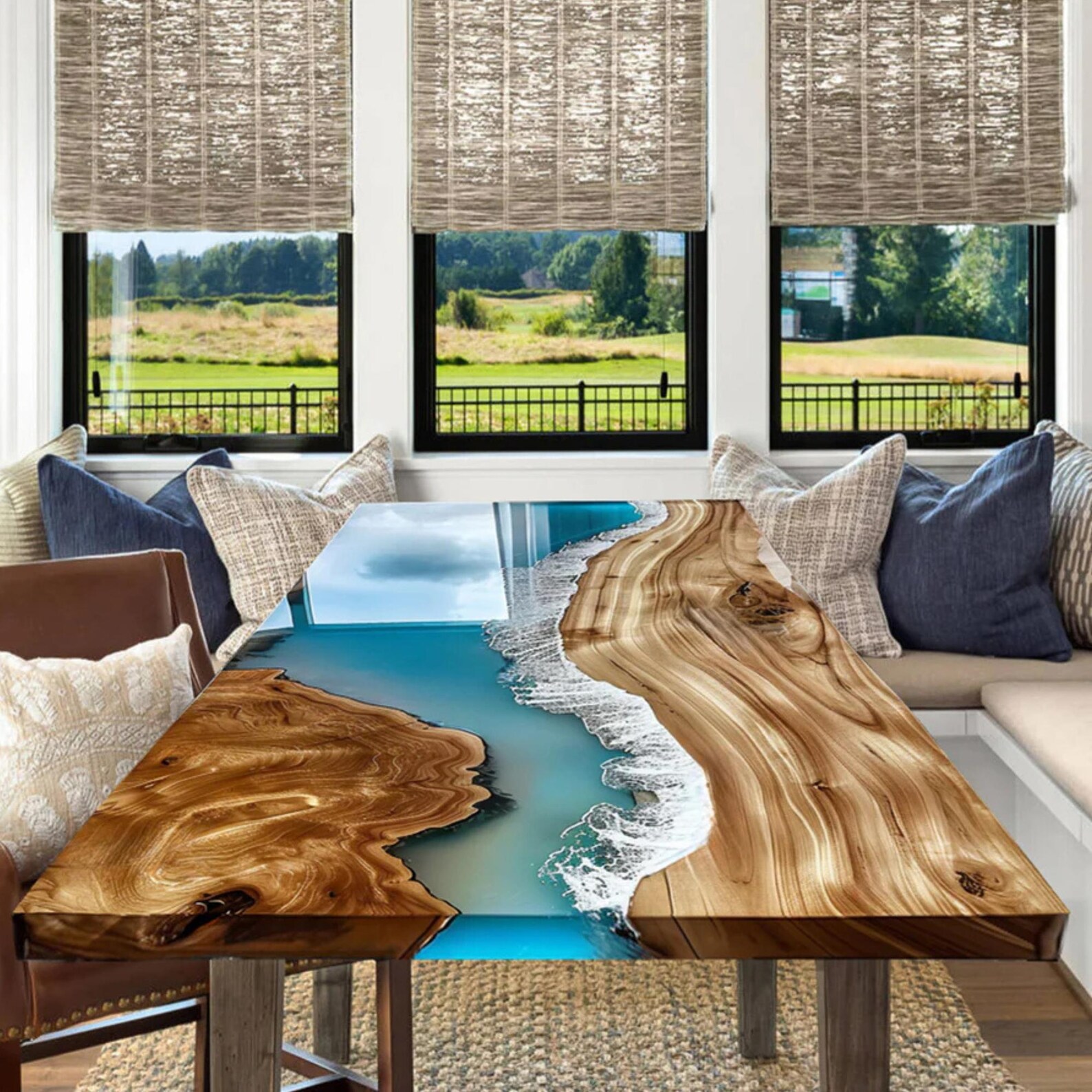 Custom Epoxy Dining Table – Walnut Wood & Resin River Table in Blue, Turquoise and Green | Live ...