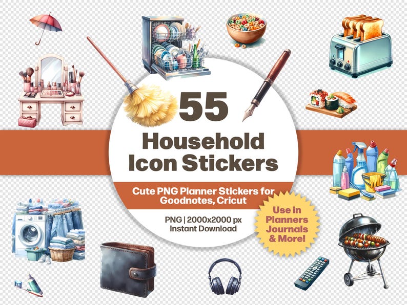 55 Household Icon Stickers | PNG Planner Stickers for Goodnotes, Cricut ...