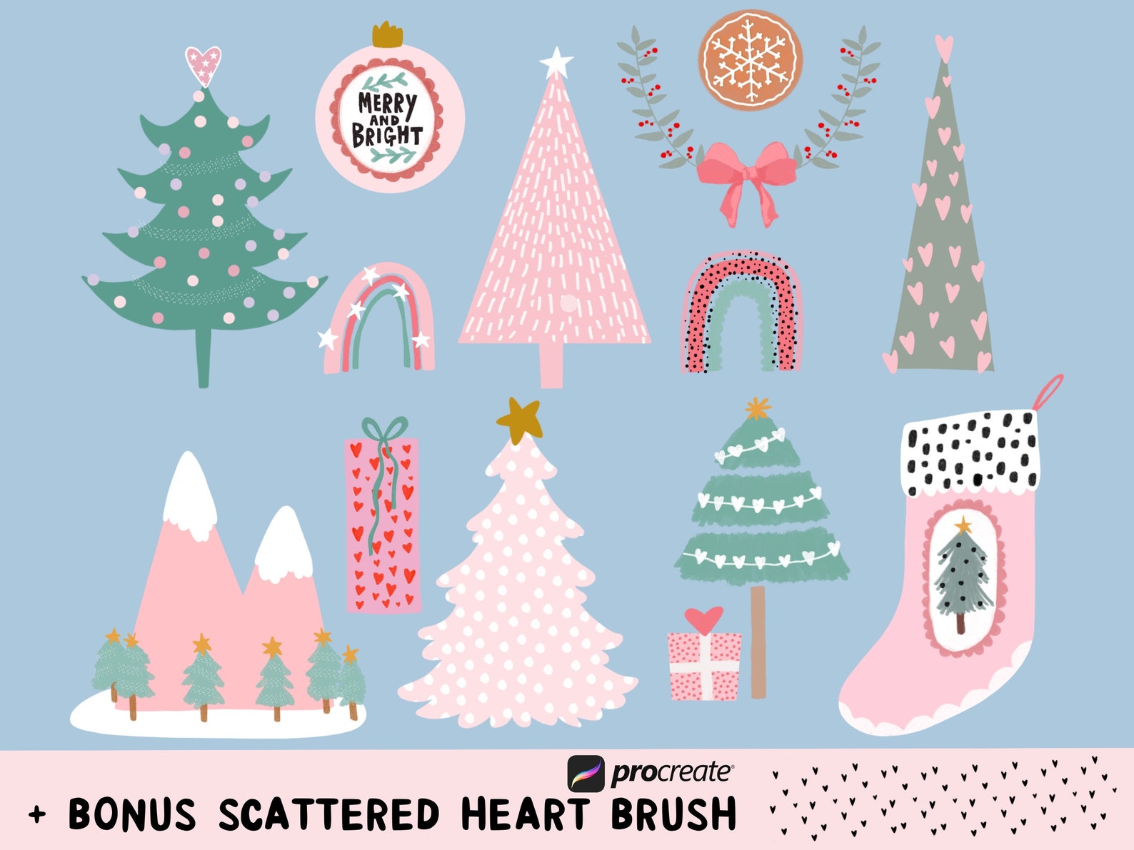 Pink Christmas Clipart Set, Cute Illustrated Clipart Png for Christmas ...