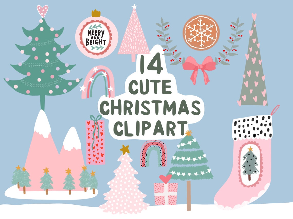Pink Christmas Clipart Set, Cute Illustrated Clipart Png for Christmas ...