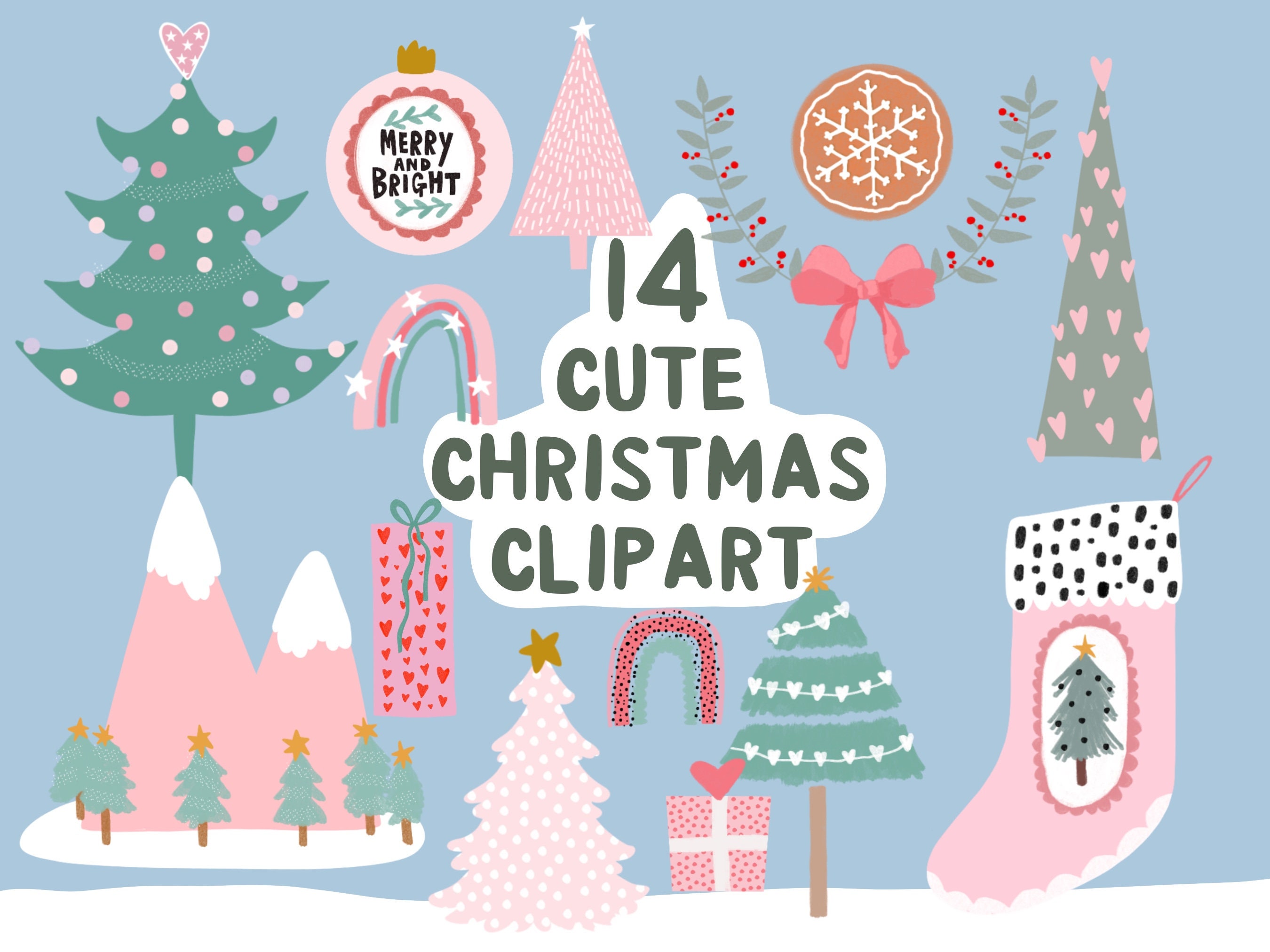Pink Christmas Clipart Set, Cute Illustrated Clipart Png for Christmas ...