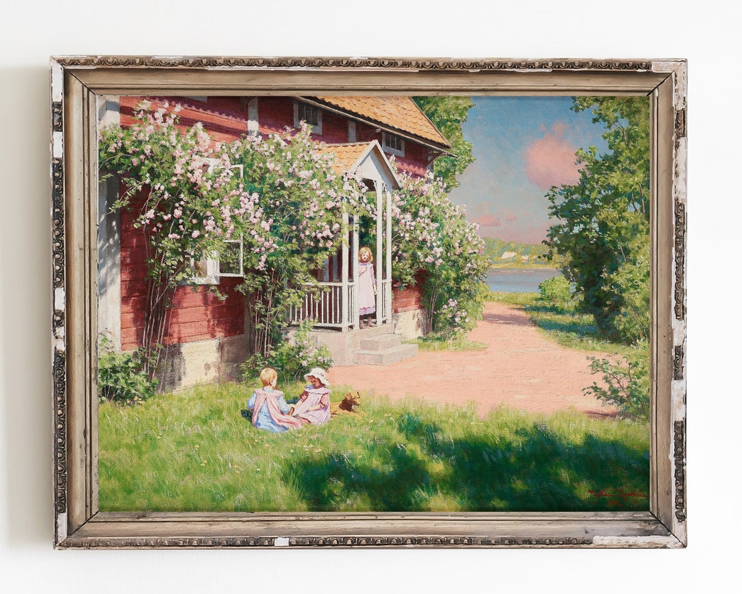 PRINTABLE ART | Garden Scene With Children Oil Painting | Vintage ...