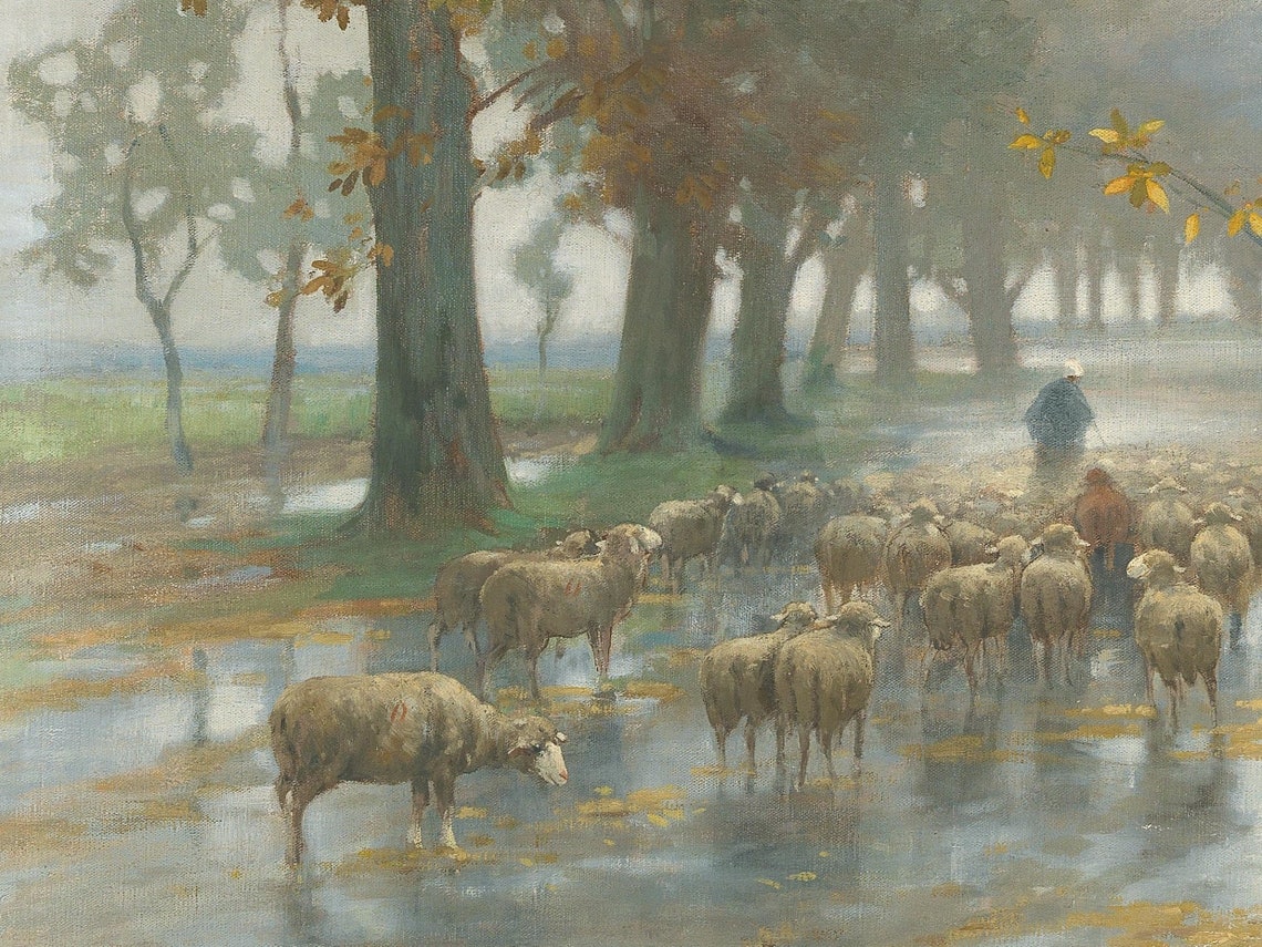 CANVAS ART PRINT Vintage Flock of Sheep Wall Art Print Shepherd With ...