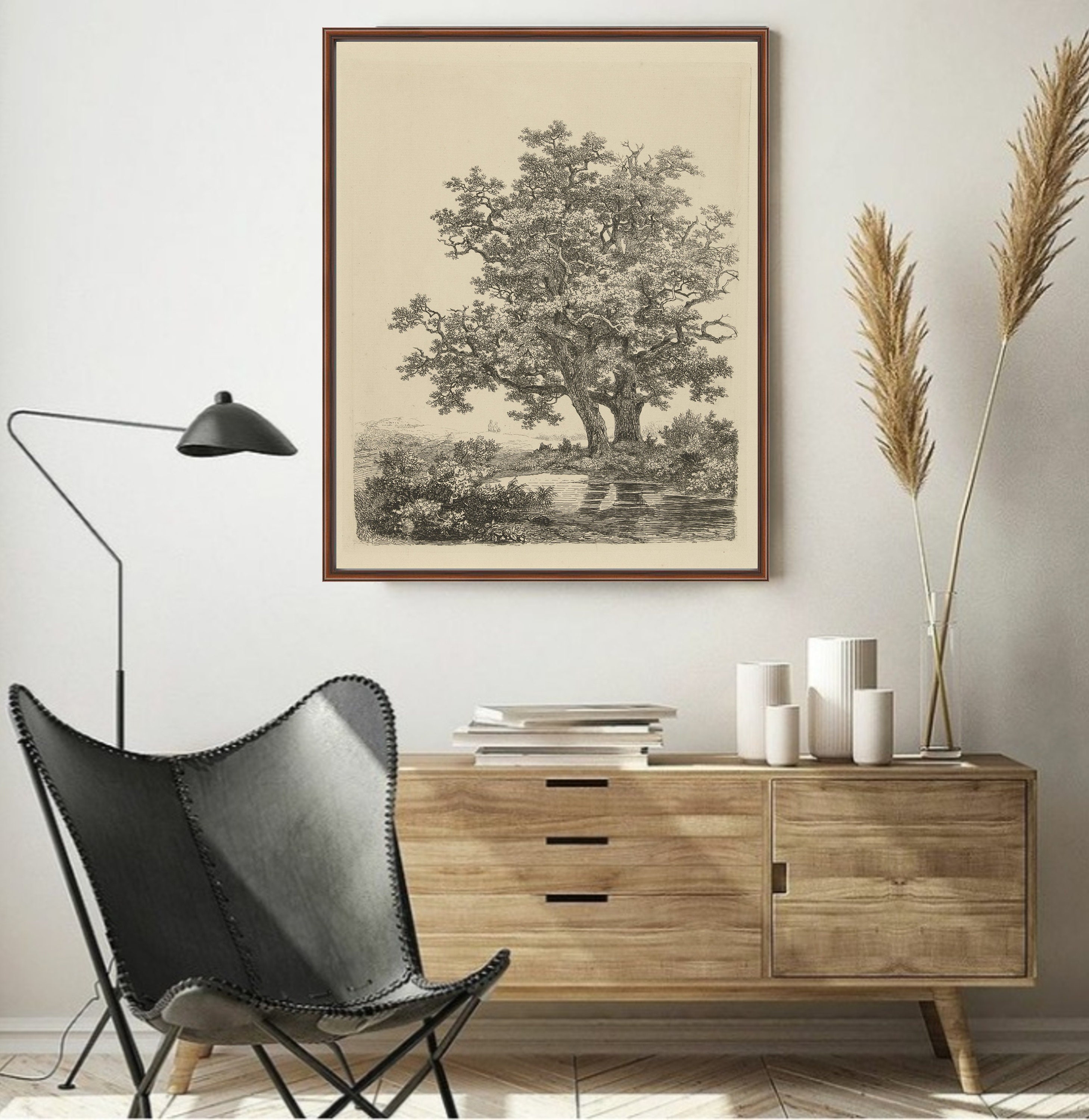 CANVAS ART PRINT | Antique Oak Tree Drawing | Lonely Tree Sketch | Tree ...