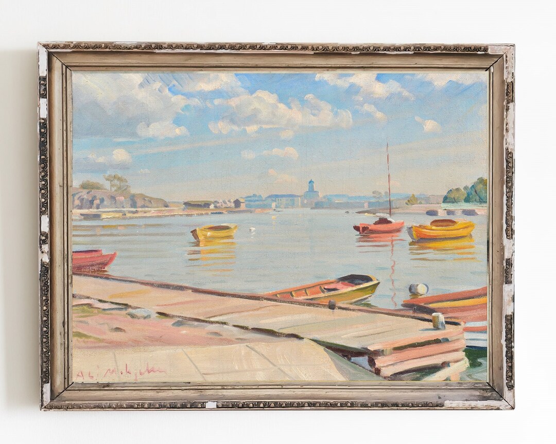 LEINWAND ART-PRINT | Boot an einem Holzsteg Wand Kunstdruck | Blauer ...