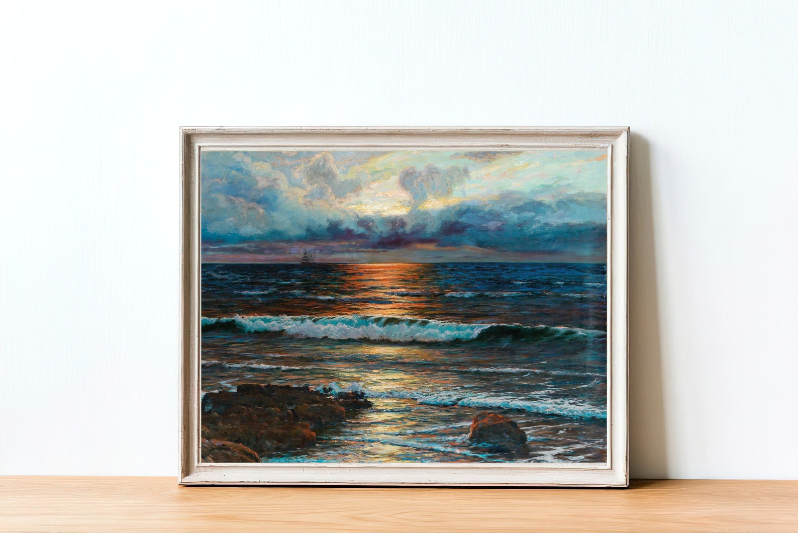 PRINTABLE ART | Vintage Seascape Wall Art | Sunset on the Seashore Oil ...