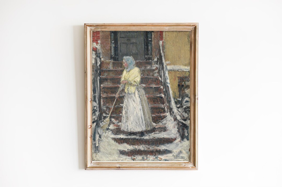 Vintage Winter Oil Painting | Woman Sweeping Snow (digital Download) - Etsy