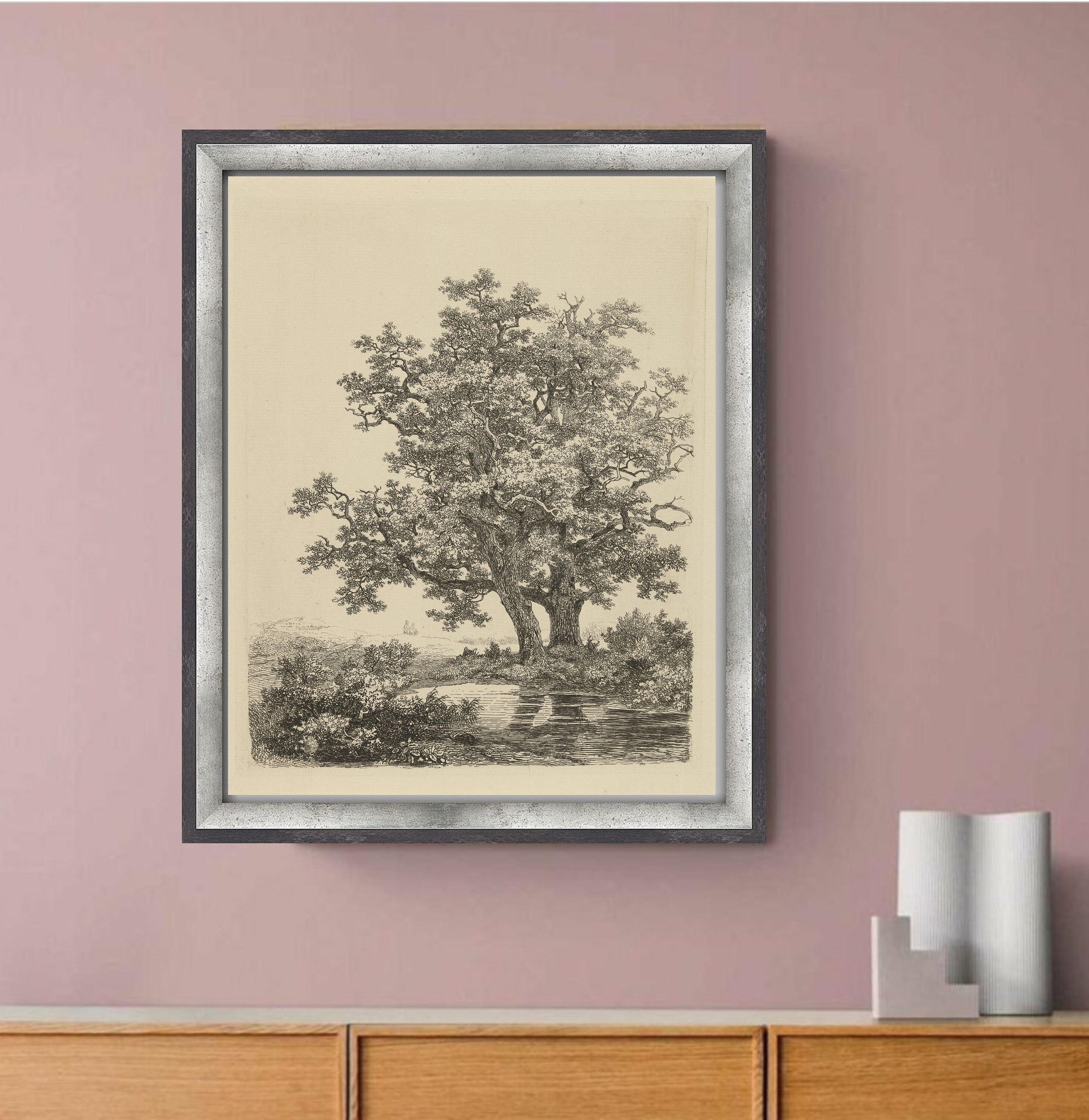 CANVAS ART PRINT | Antique Oak Tree Drawing | Lonely Tree Sketch | Tree ...