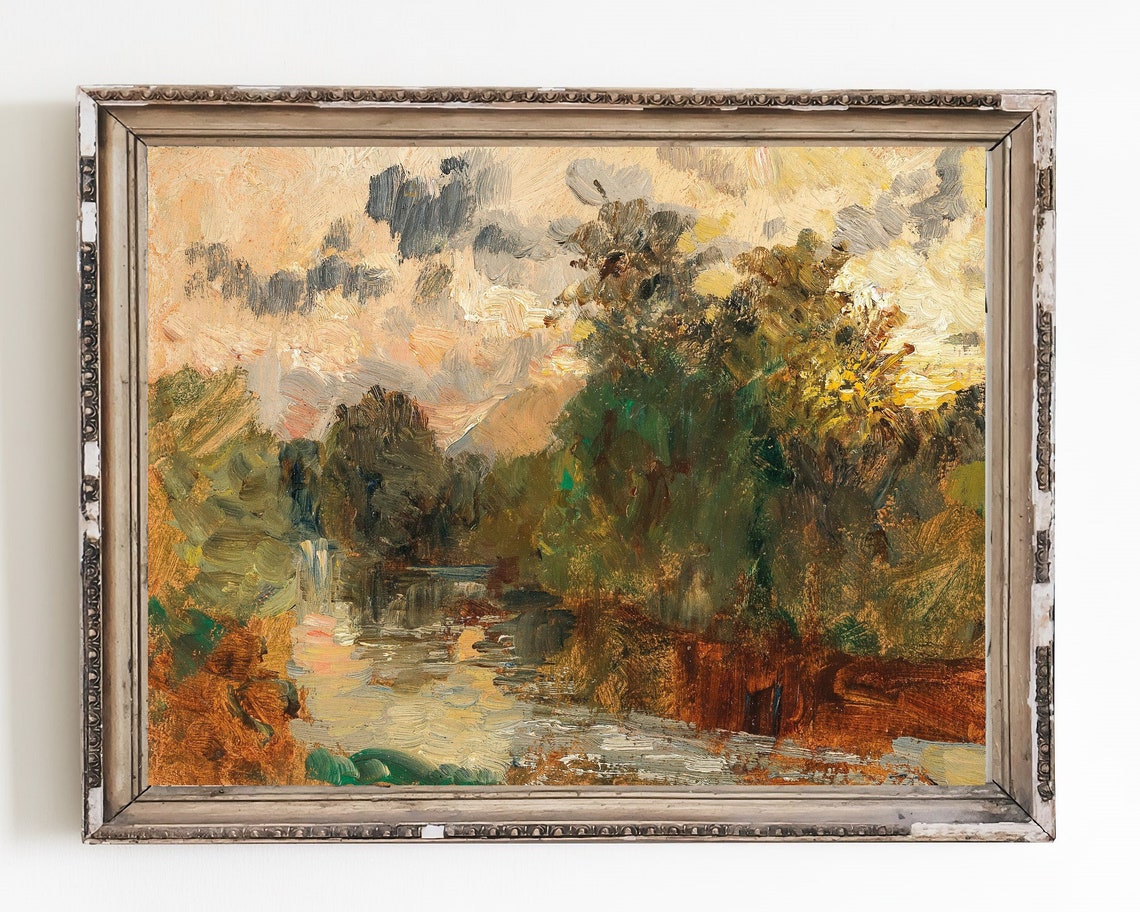 PRINTABLE ART | Vintage Riverbank Oil Painting | Antique River ...