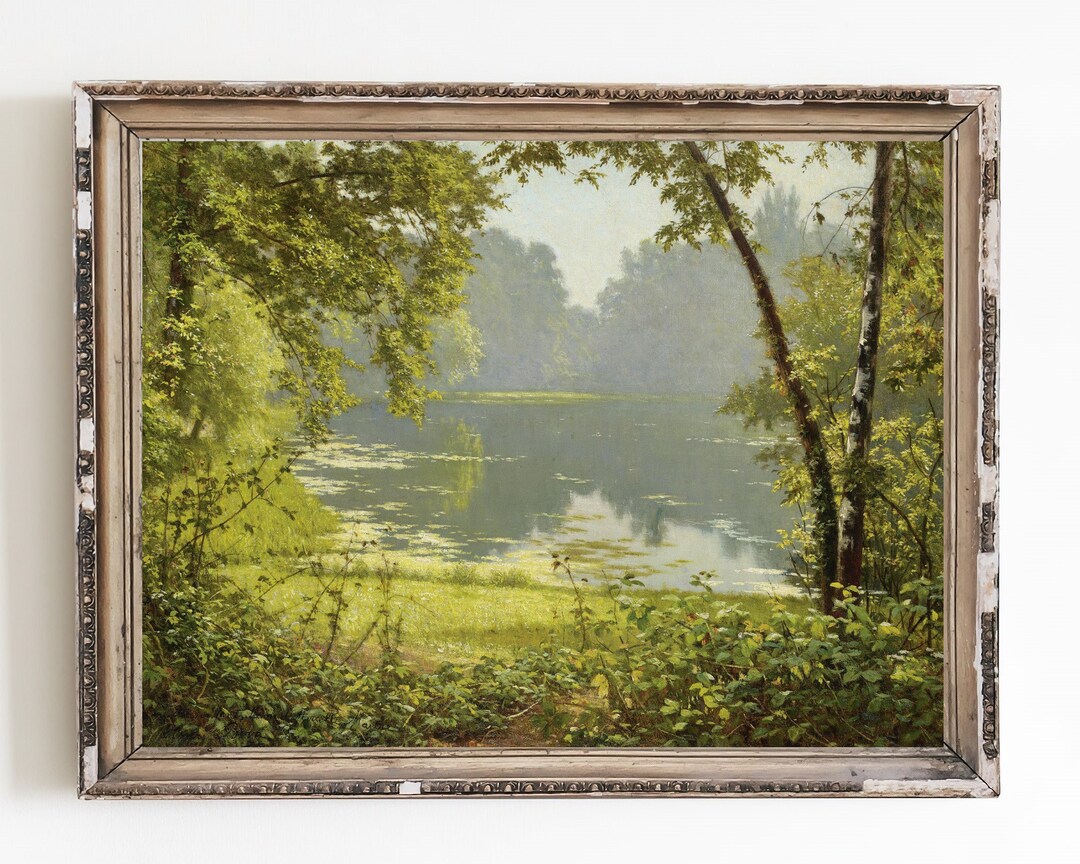 PRINTABLE ART | Vintage Lake Oil Painting | Reflection of Trees in a ...