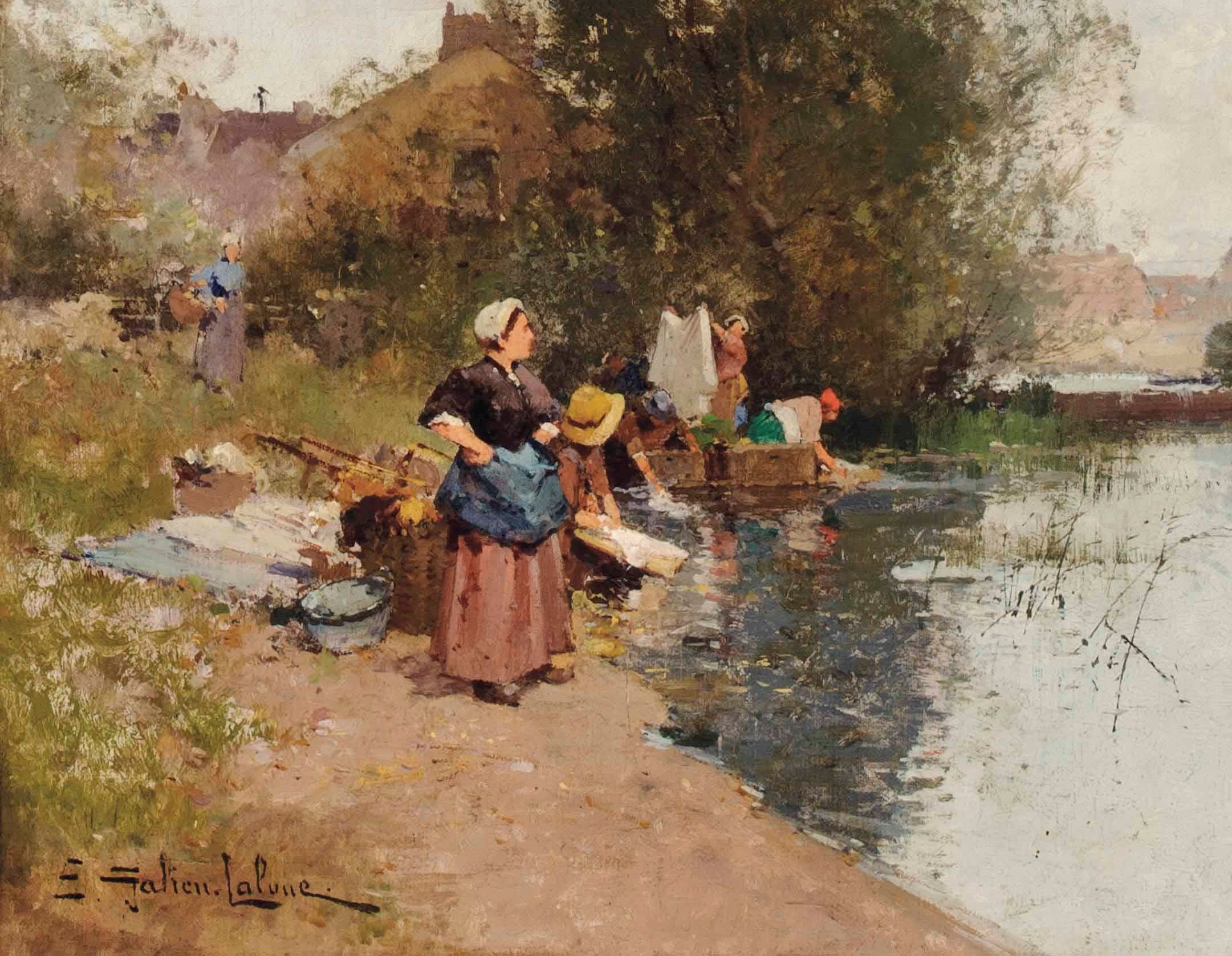 Vintage Laundry Day Oil Painting Print | Women Washing Clothes (digital ...