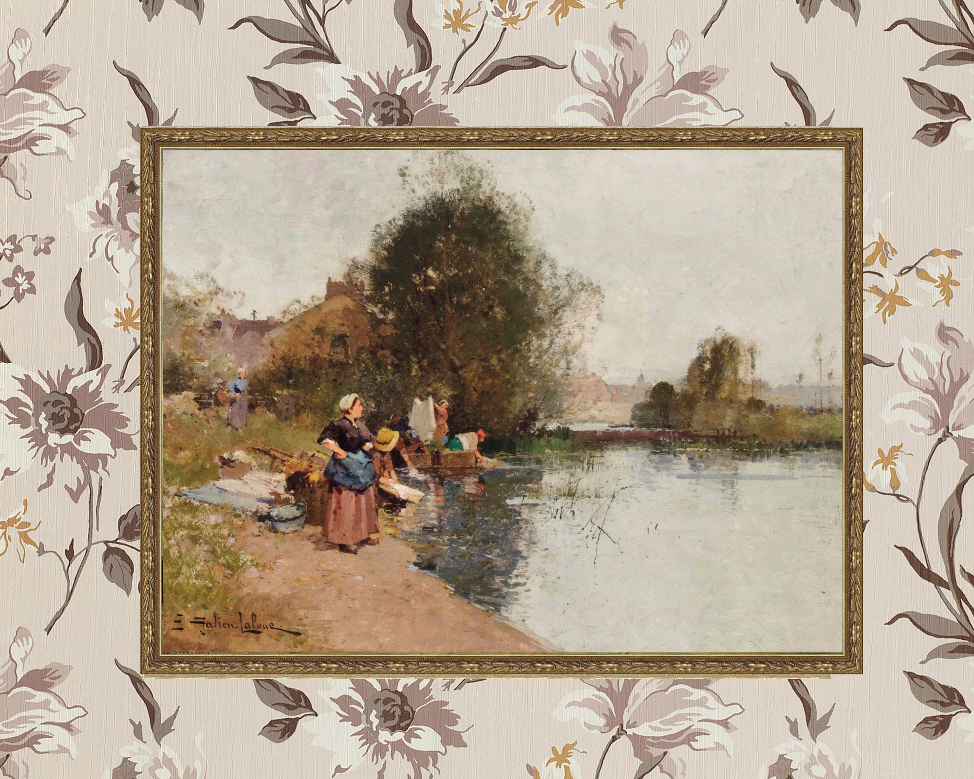 Vintage Laundry Day Oil Painting Print | Women Washing Clothes (digital ...