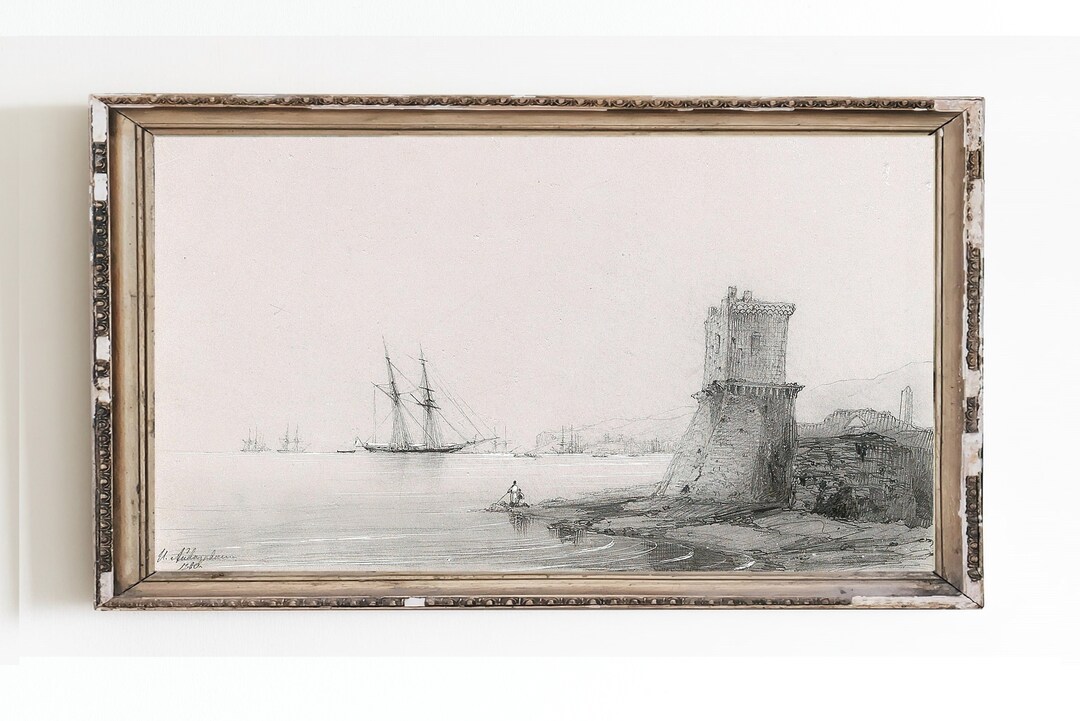 CANVAS ART PRINT | Vintage Coastal Drawing | Old Ship Art Print ...
