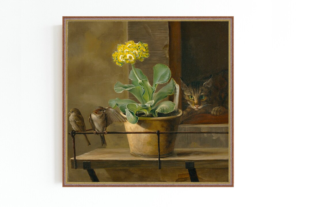 CANVAS ART PRINT A Cat and Two Sparrows Art Print Vintage Cat Portrait Still Life Yellow Flower ...