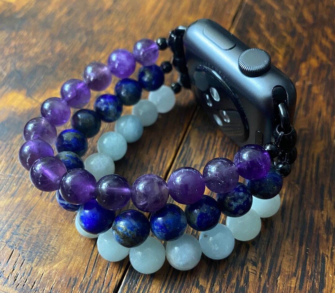 Amethyst Lapis Lazuli Aquamarine Stainless Steel Beaded Apple Watch ...