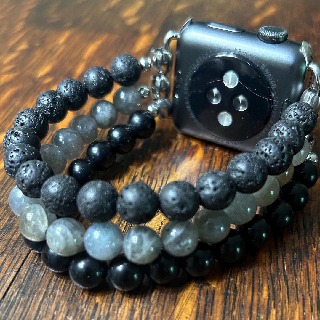 Labradorite Lava Stone Matte Black Obsidian Stainless Steel Beaded ...