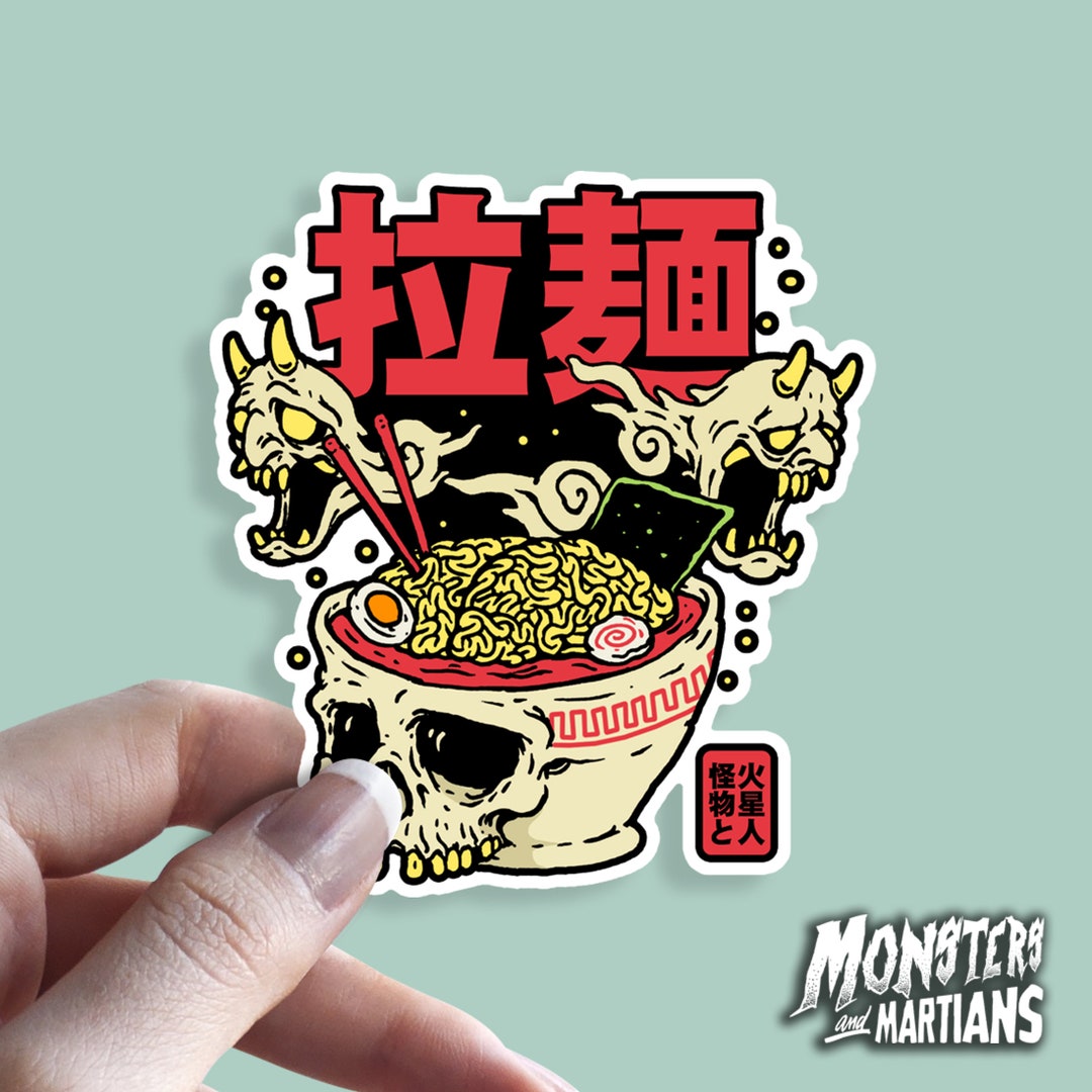 Japanese Ramen Noodle Bowl Vinyl Sticker, Skull and Brains Oni Horror ...