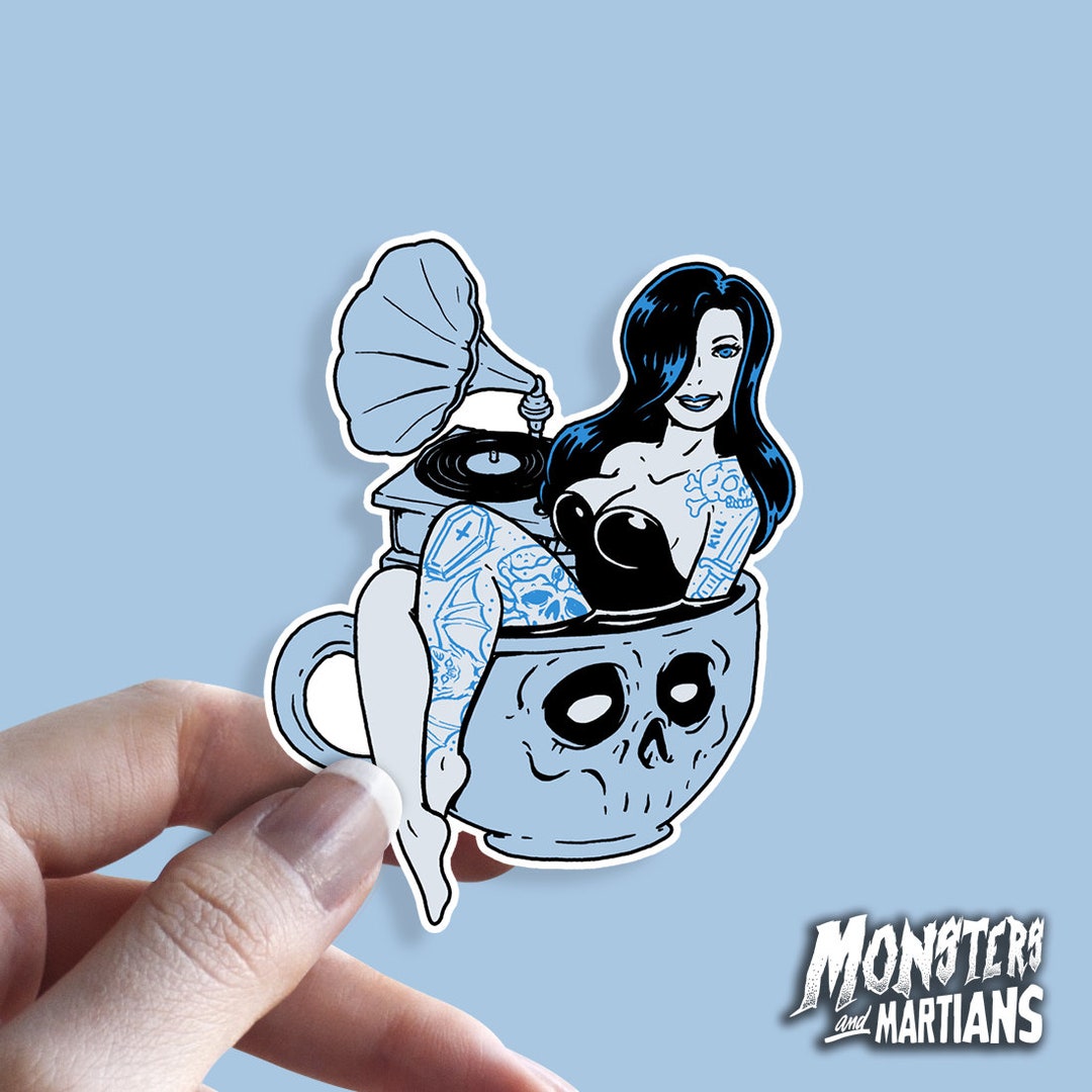 Goth Girl Pinup Sticker, Coffee Mug Tattoo Girl, Horror Punk Decal ...