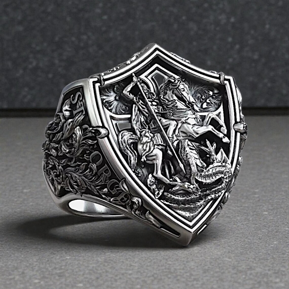 Saint George Dragon Slayer Signet Ring | Medieval Shield Ring for Men ...