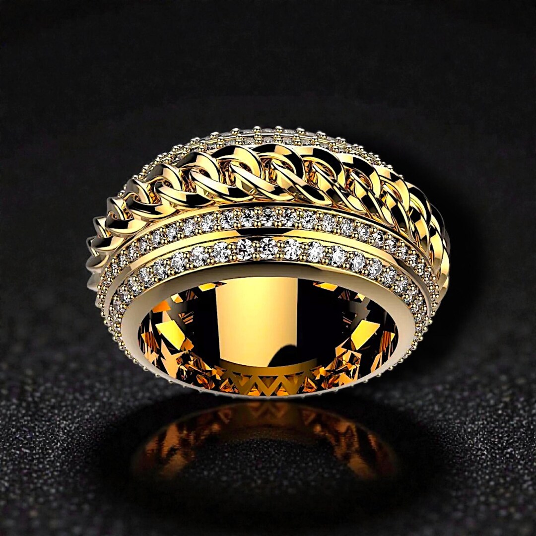 Men's Gold Plated Cuban Link Ring – Sterling Silver Diamond Iced Out ...