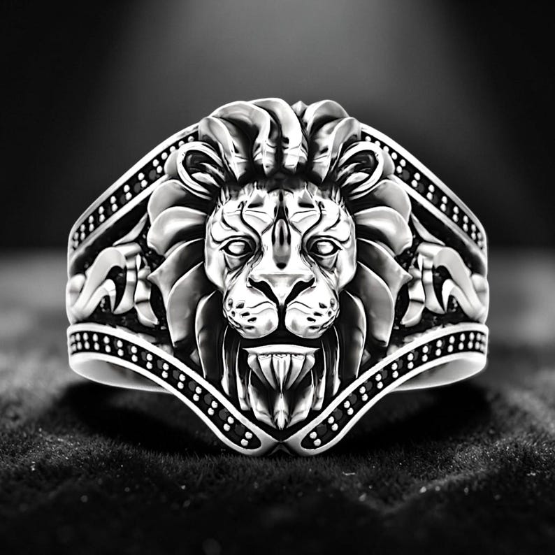 Sterling Silver Lion Head Ring – Oxidized Vintage Warrior Band Men’s ...