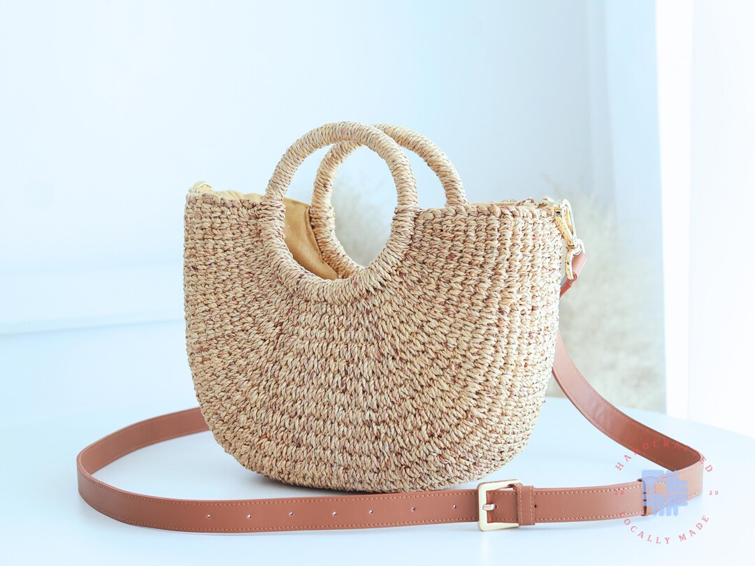 Round Straw Crossbody Bag Designer Straw Purse With Top Handles Woven ...