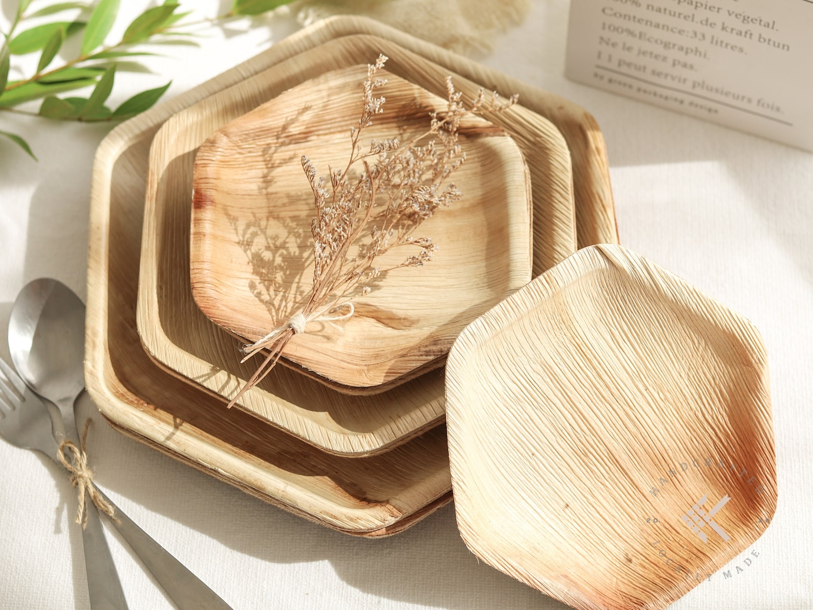 Palm Leaf Plates Set for Wedding, Disposable Bamboo Dishware Set ...