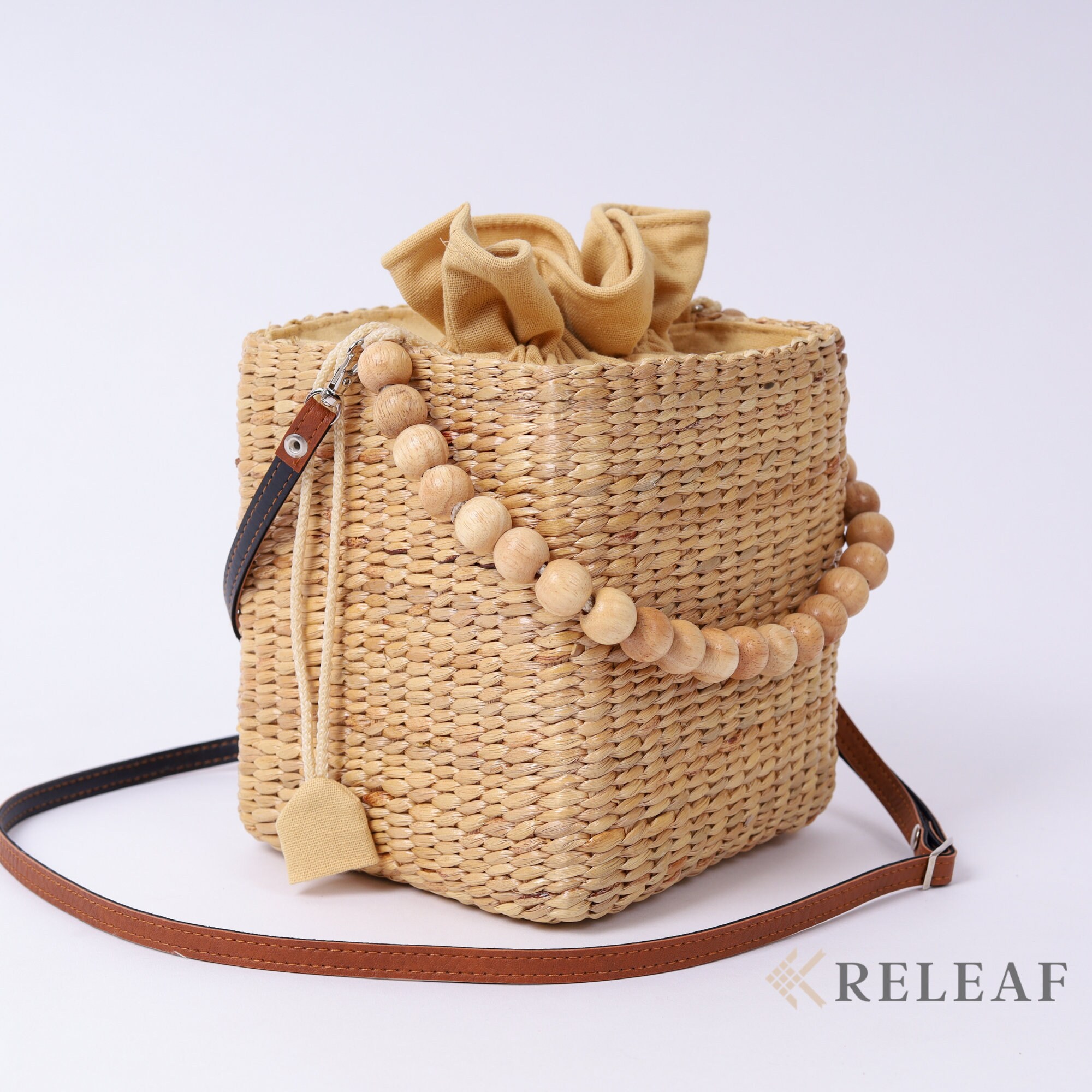 Straw Square Bucket Bag With Bamboo Bead Handle, Wicker Straw Tote Bag ...
