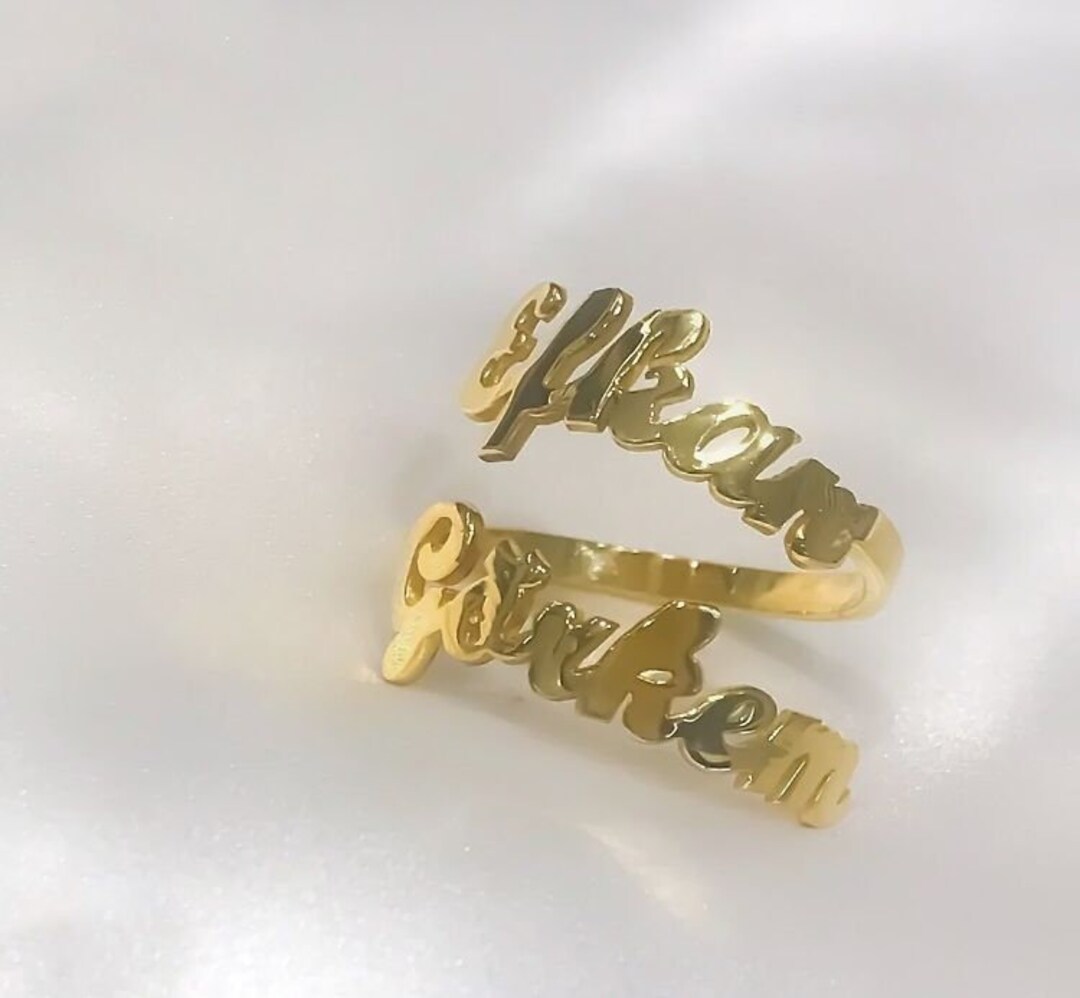 14K Solid Gold Double Name Ring: Personalized Script Ring - Etsy