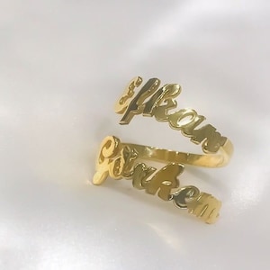 14K Solid Gold Double Name Ring , Personalized Two Name Ring Women ...