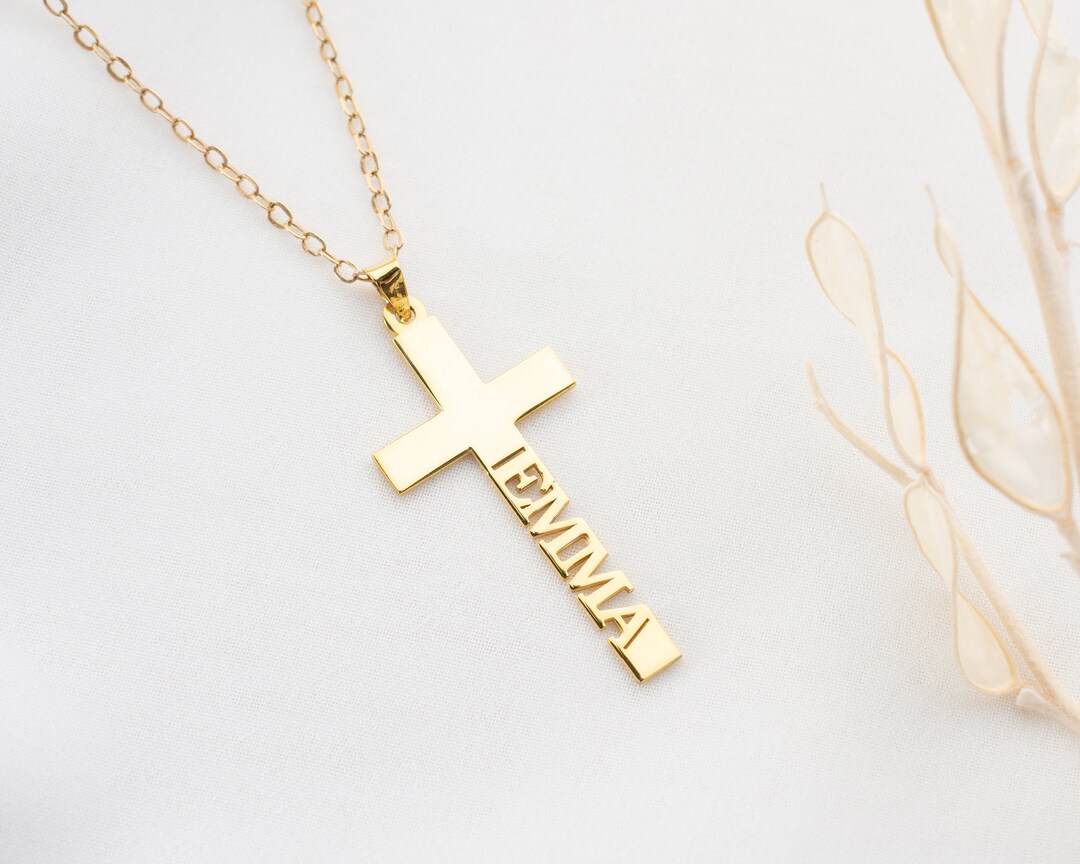 14k Solid Gold Cross Name Necklace , Real Gold Personalized Cross Charm ...