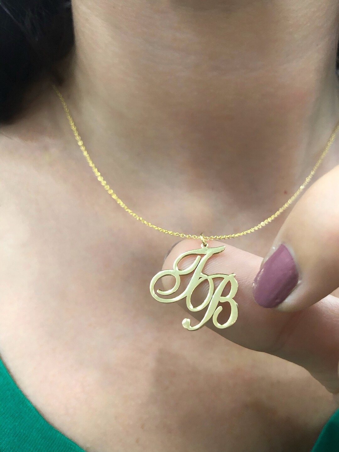 14K Solid Gold Script Letter Necklace , Two Letters Charm , Couples ...