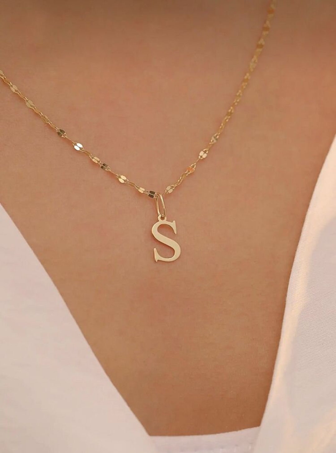 14K Solid Gold Mirror Chain With Initial ,14K Yellow Gold Custom Letter ...