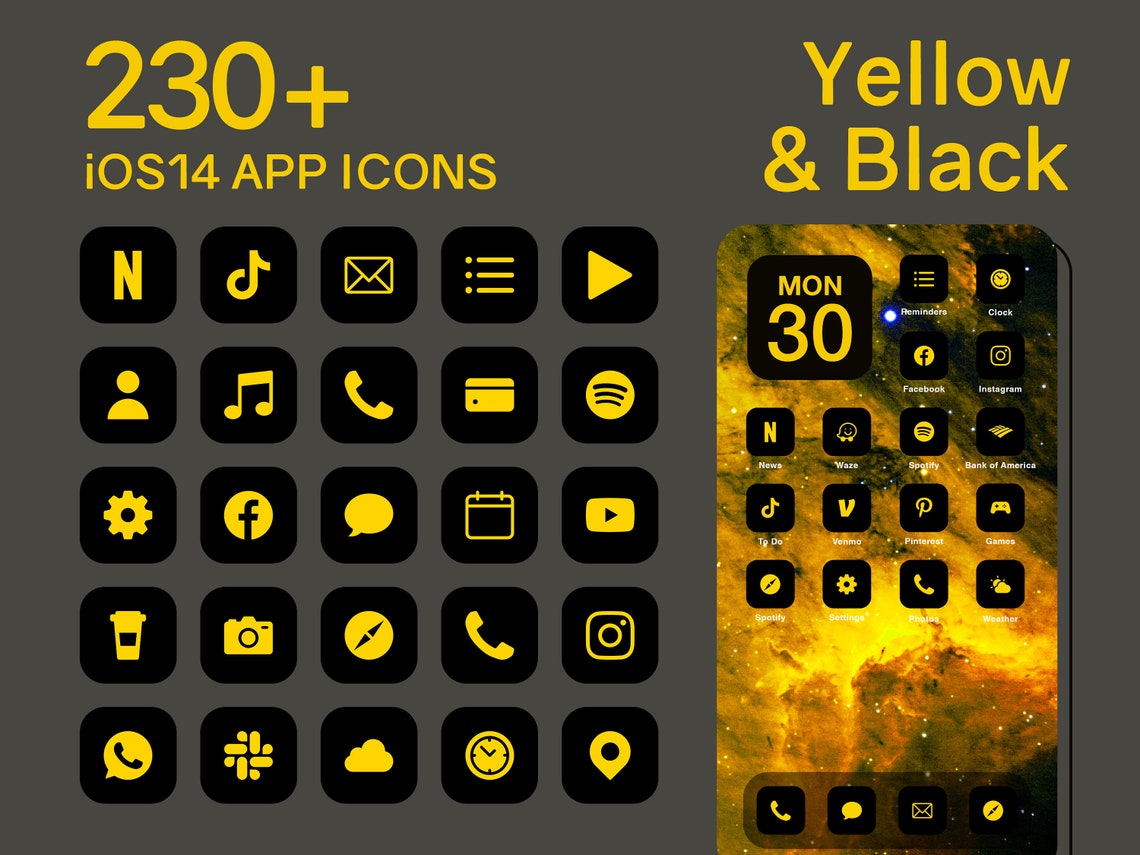 Ios Yellow & Black App Icons 230 Yellow and Black Minimal | Etsy
