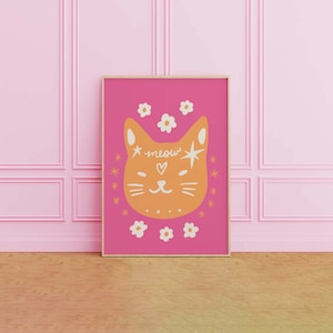 Cat Print | Digital Art Download | Pink Orange Cat Wall Decor | Funky ...