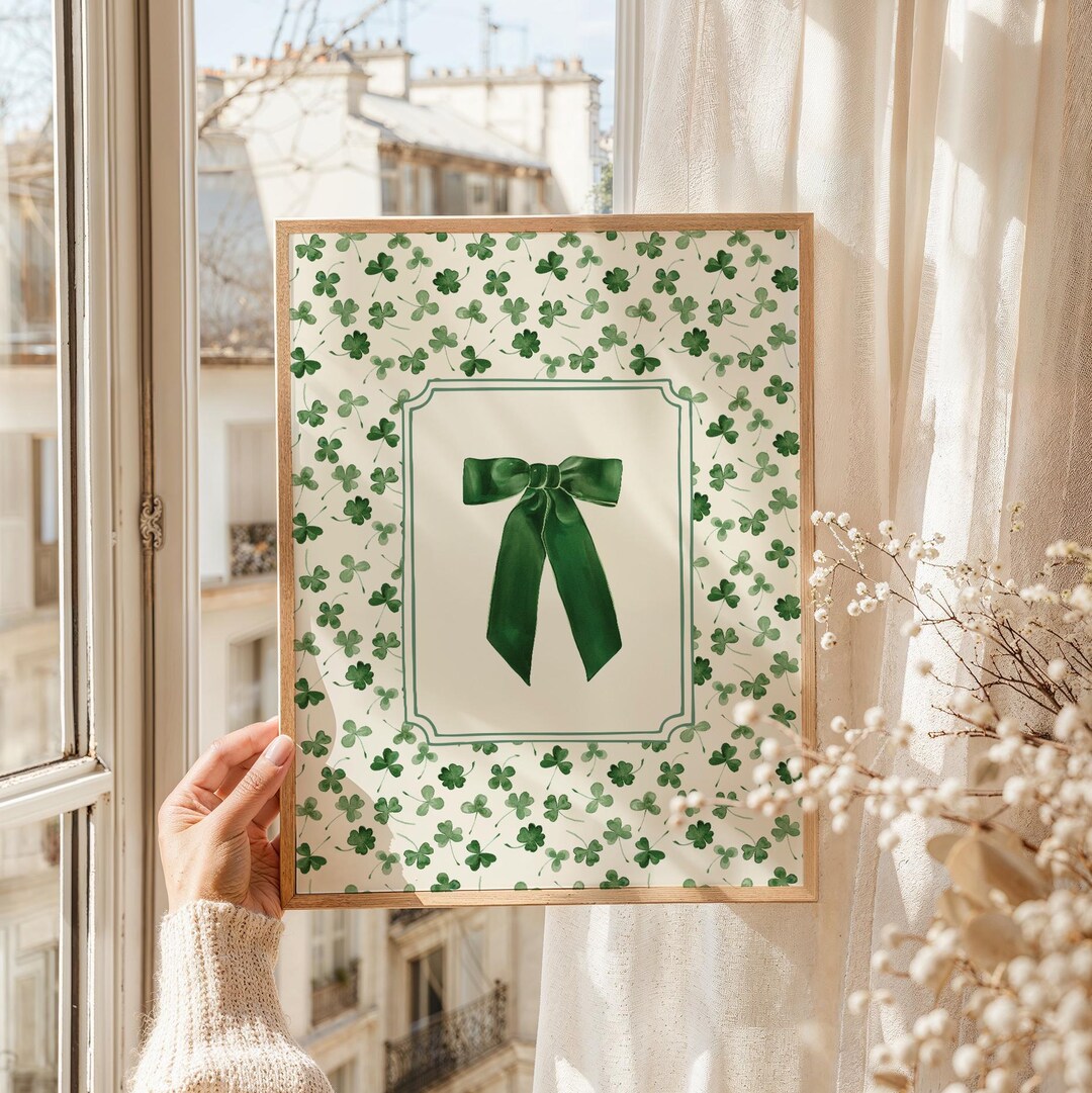 Vintage Bow Clover Print, Digital Art Download, St Patricks Day Decor ...