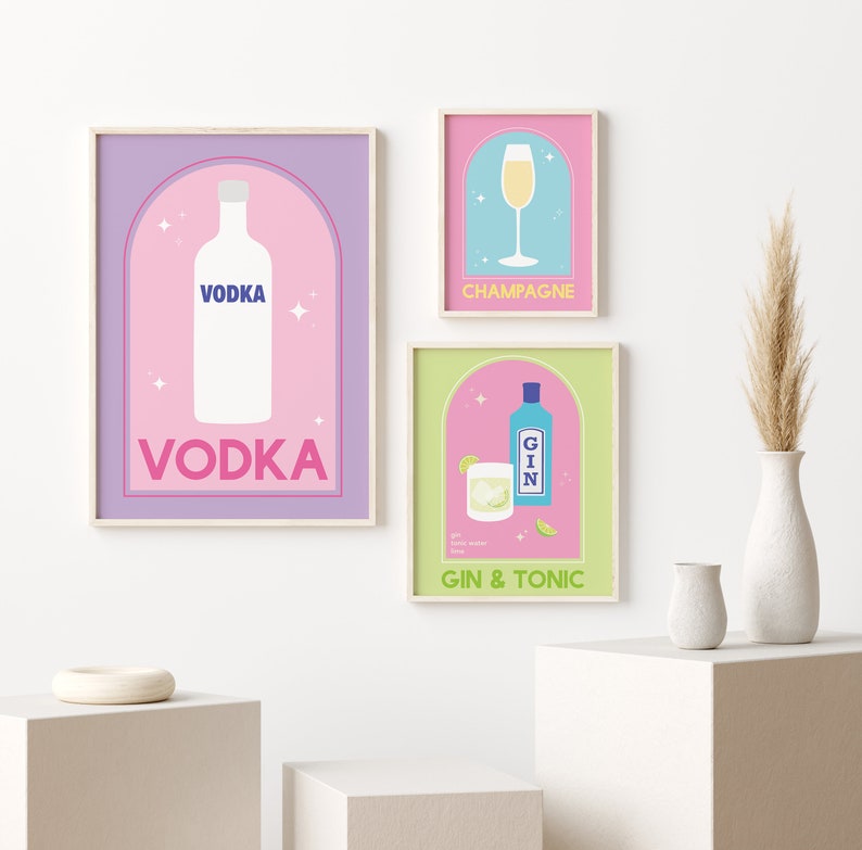 Set of 3 Cocktail Prints Digital Art Download Cute Pink - Etsy