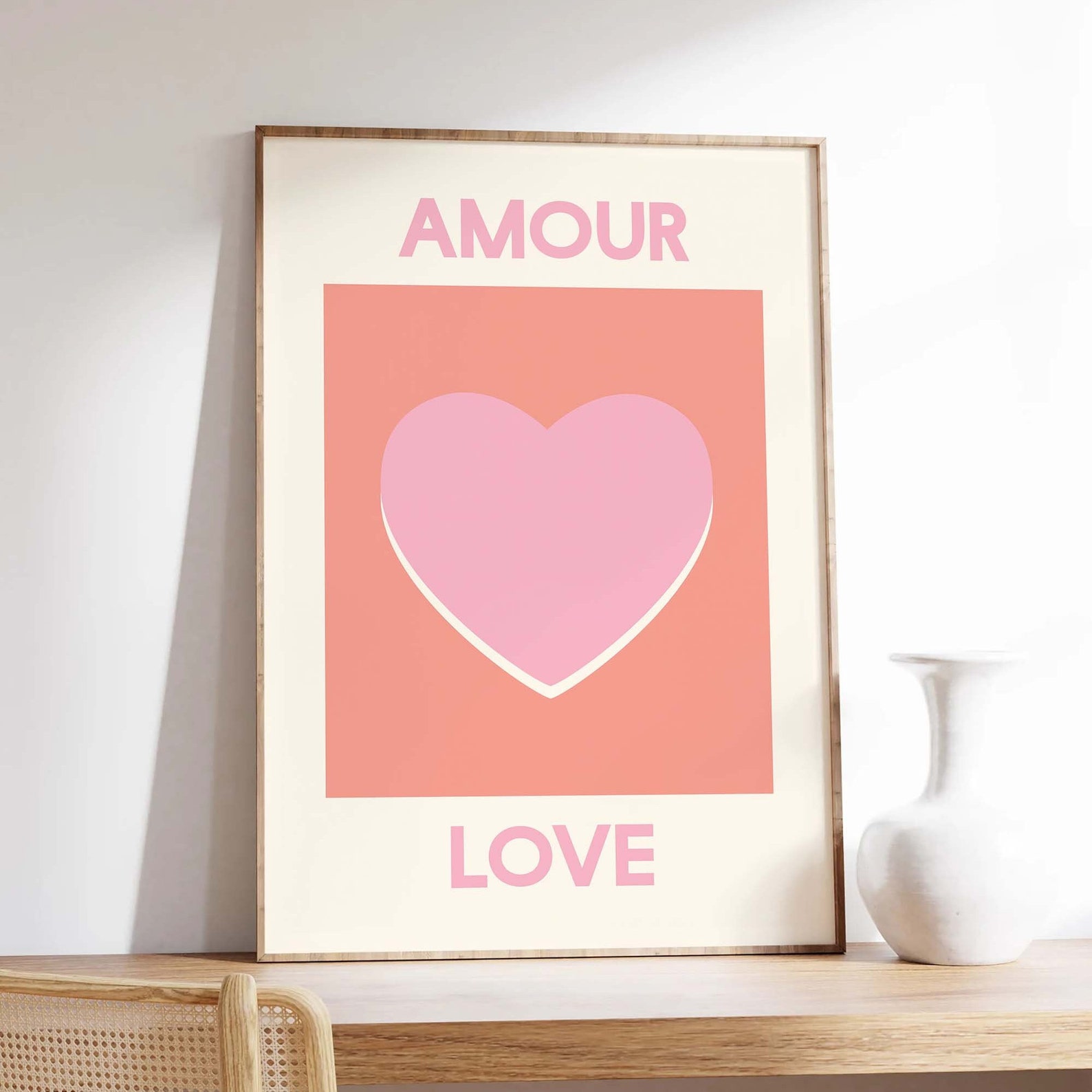 Amour Love Print | Digital Art Download | Pink Heart Printable Wall Art ...