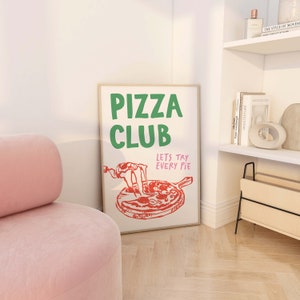 Pizza Club Print, Digital Art Download, Red Kitchen Decor, Retro Pizza ...