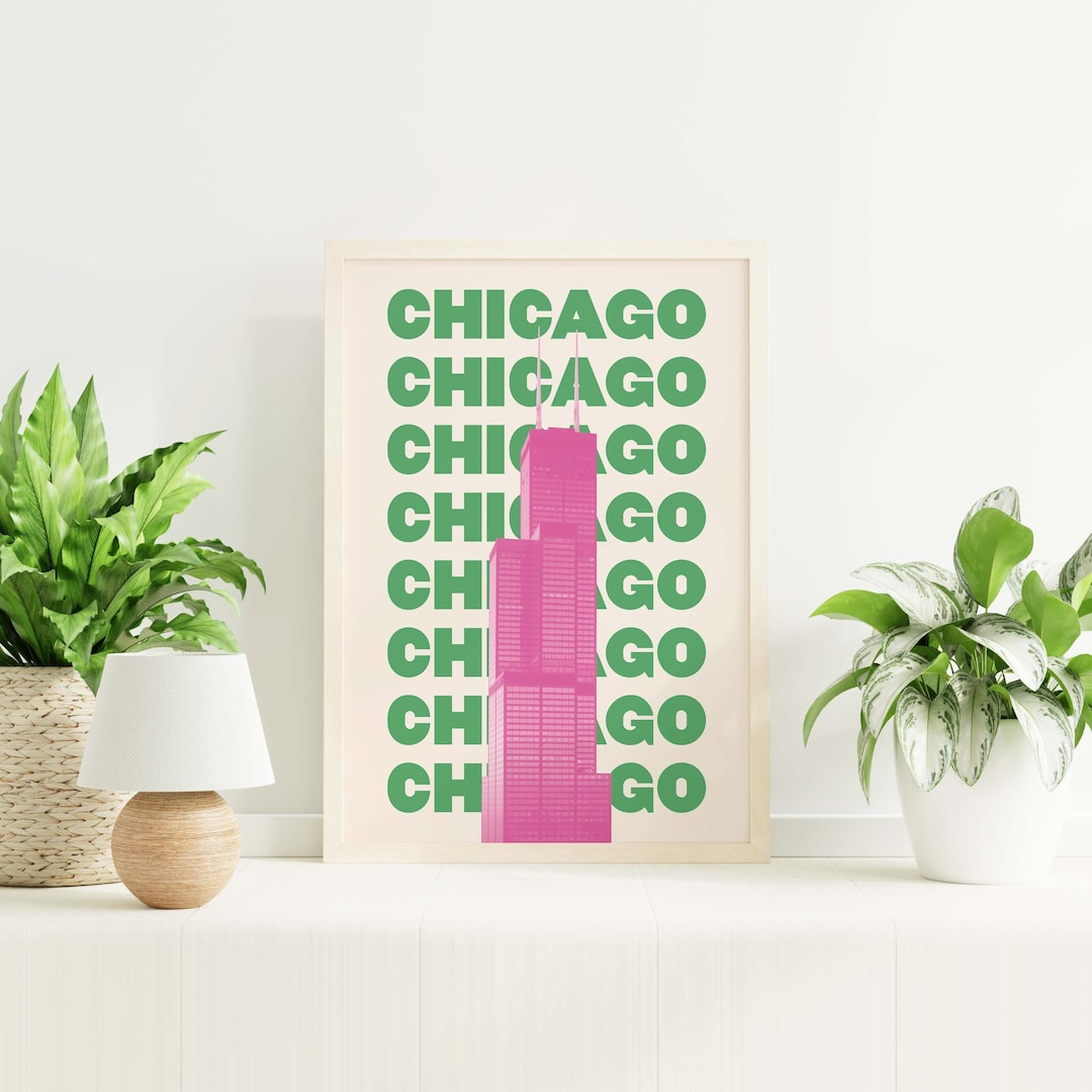 Chicago Travel Print | Digital Art Download | Pink Green Chicago Willis ...