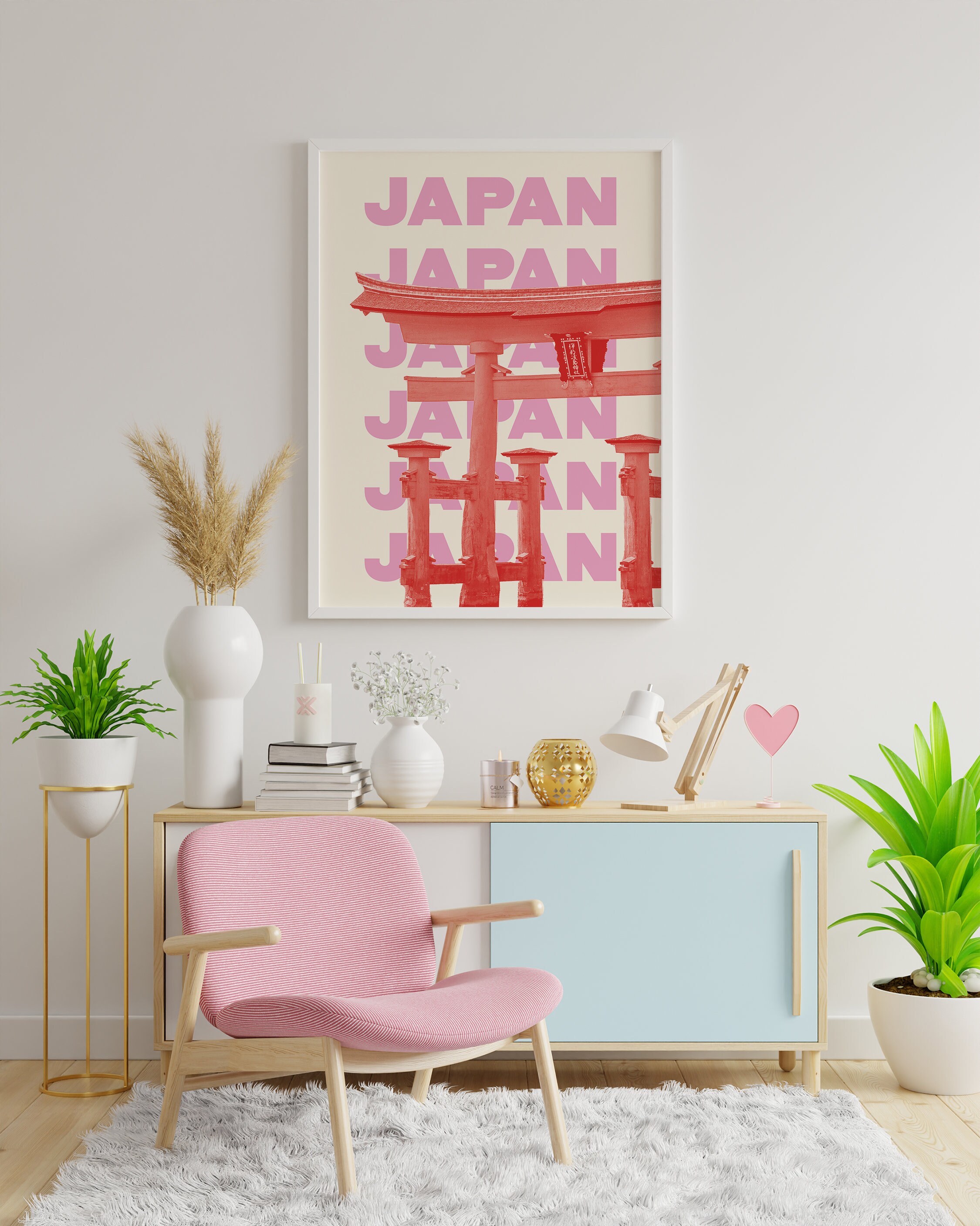 Japan Travel Print Digital Art Download Pink Red Japan - Etsy