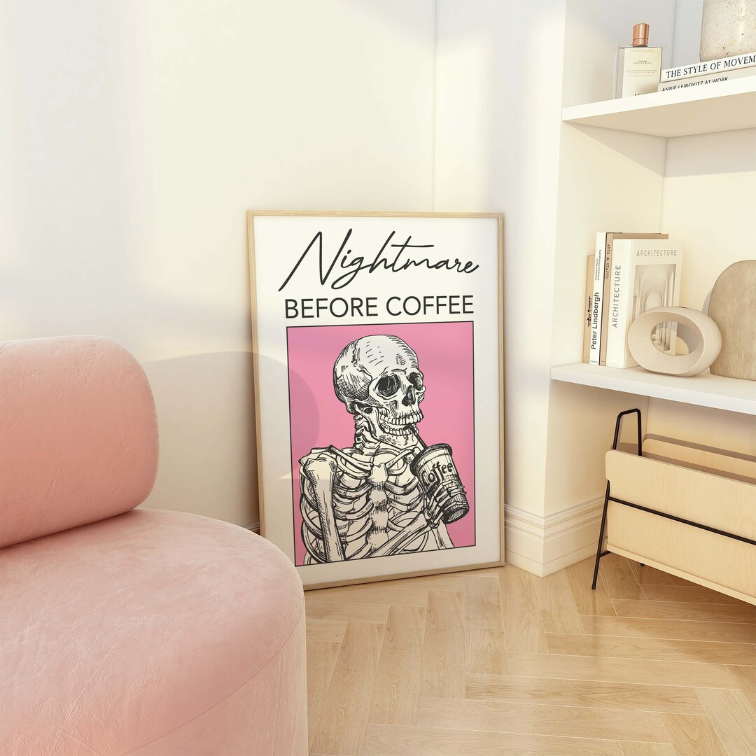 Nightmare Before Coffee Print, Digital Art Download, Pink Coffee Wall ...