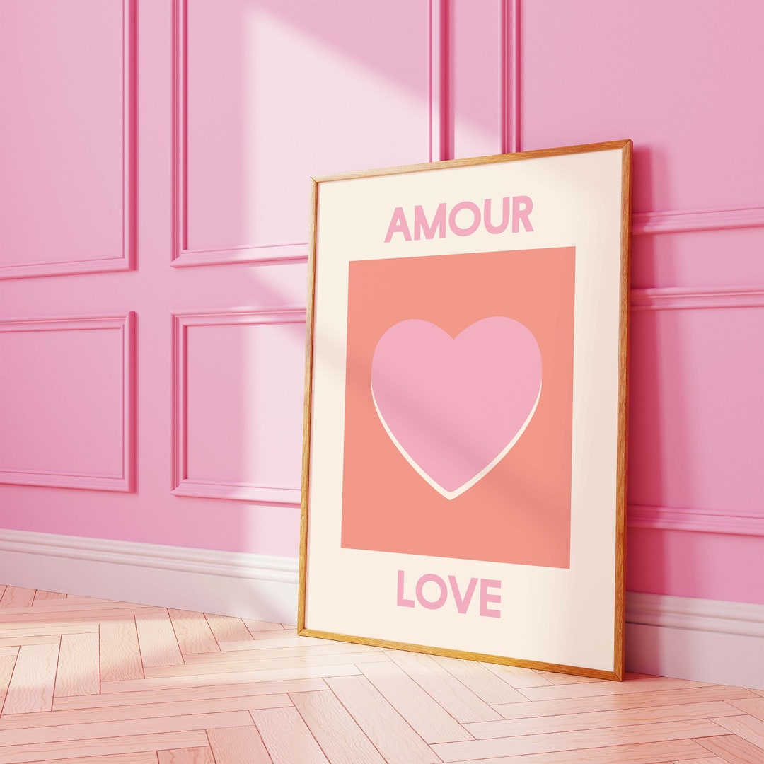 Amour Love Print | Digital Art Download | Pink Heart Printable Wall Art ...
