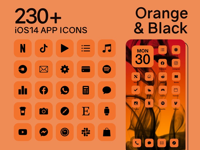 Ios Orange App Icons 230 Orange and Black Minimal Ios 14 | Etsy